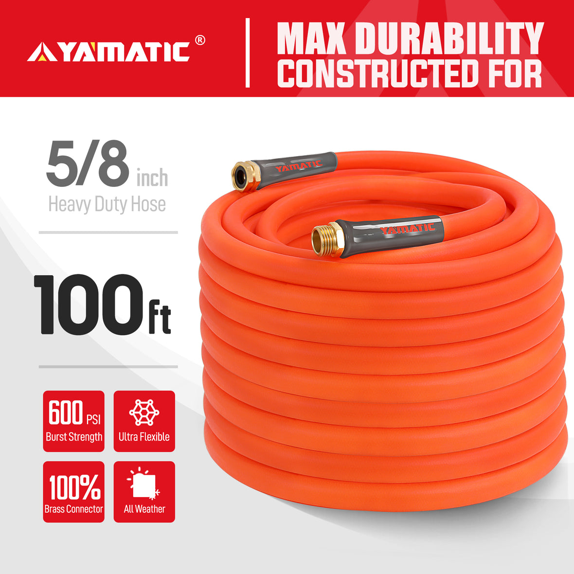 YAMATIC Heavy Duty Garden Hose 5/8 in x 100 ft, Super Flexible Water H ...
